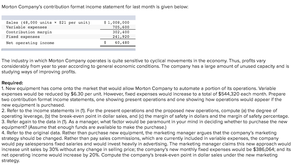 Solved Morton Company’s contribution format income statement | Chegg.com