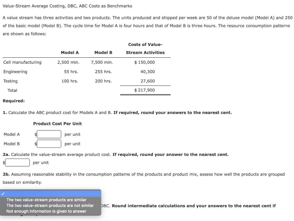 Value-Stream Average Costing, DBC, ABC Costs as | Chegg.com
