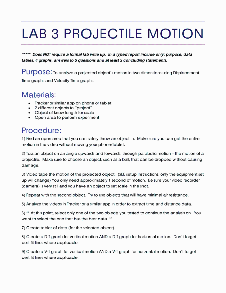 Solved LAB 3 PROJECTILE MOTION ***** Does NOT require a | Chegg.com