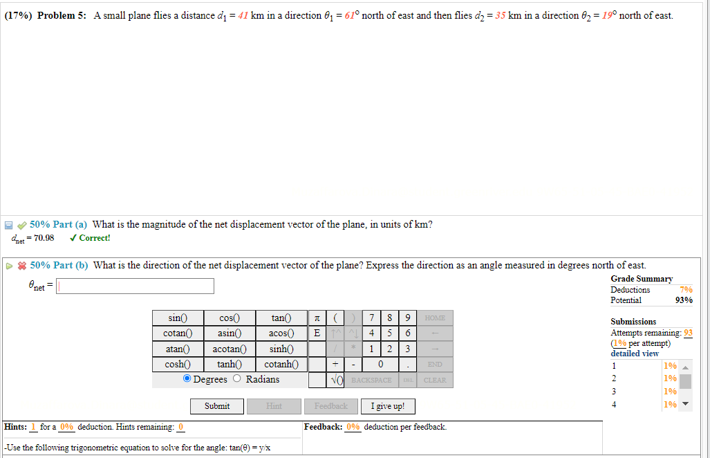 Solved 7\%) Problem 5: A small plane flies a distance d1=41 | Chegg.com
