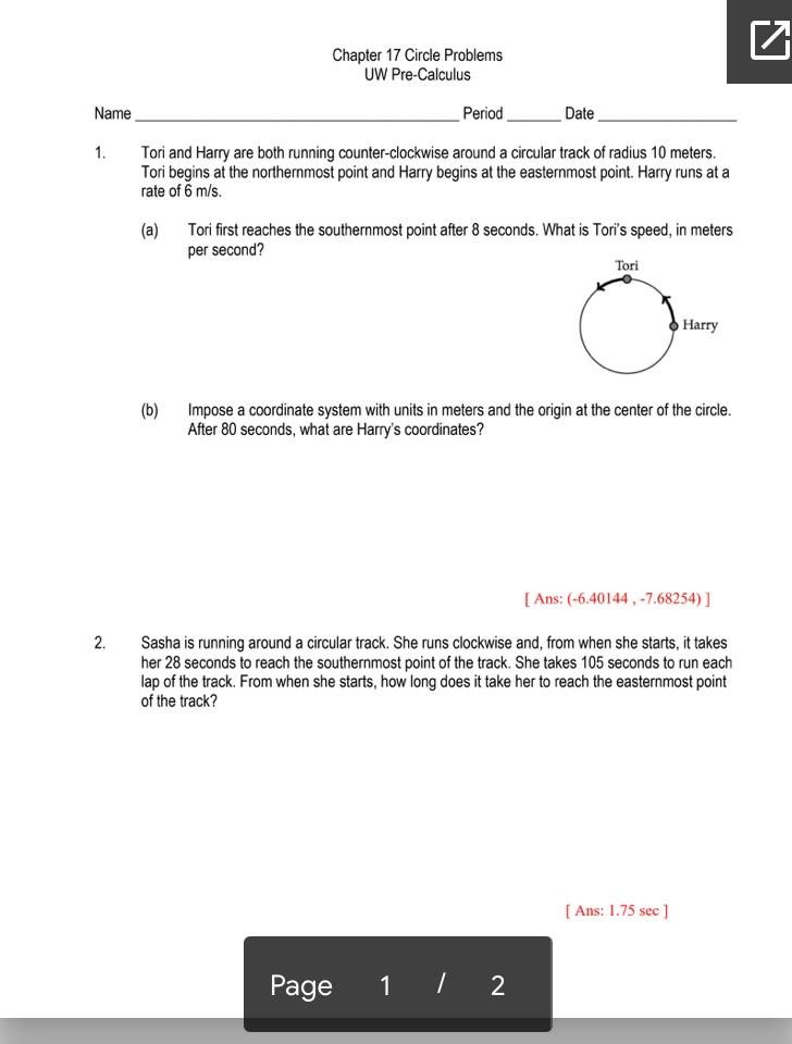 Solved Chapter 17 Circle Problems UW Pre-Calculus Name 1. | Chegg.com
