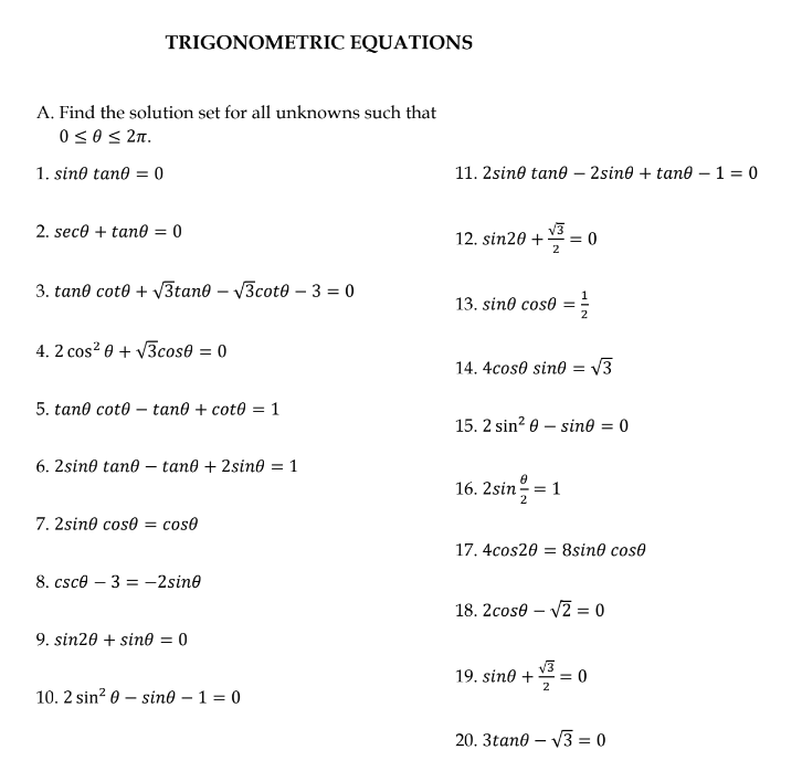 Solved TRIGONOMETRIC EQUATIONS A. Find the solution set for | Chegg.com