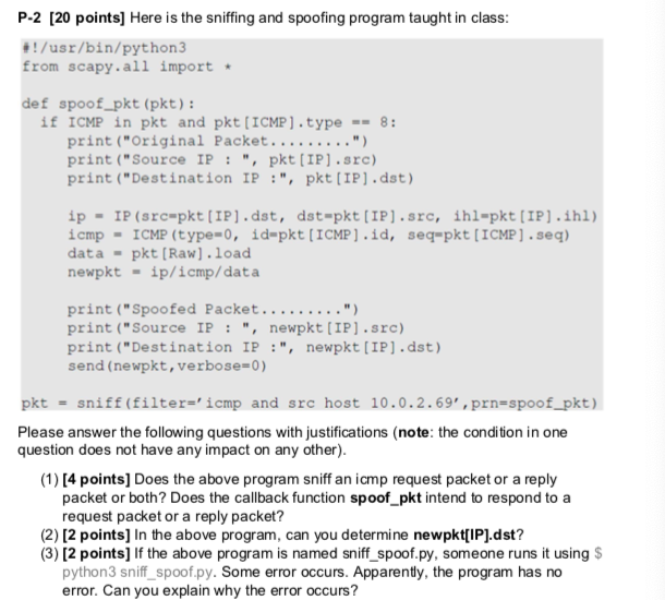 Solved P-2 [20 points] Here is the sniffing and spoofing | Chegg.com