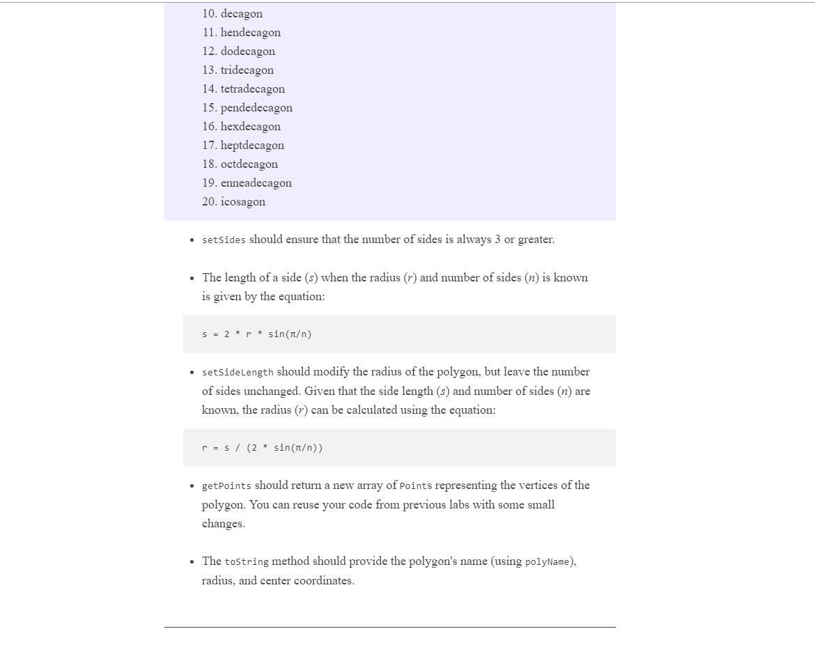 Task 3: Getters and Setters Create a RegularPolygon | Chegg.com