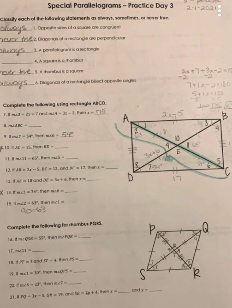 Solved Special Parallelograms - Practice Day 3 2-1-2021 | Chegg.com
