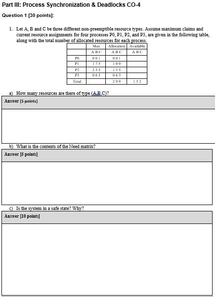 Solved Part III: Process Synchronization & Deadlocks C0-4 | Chegg.com