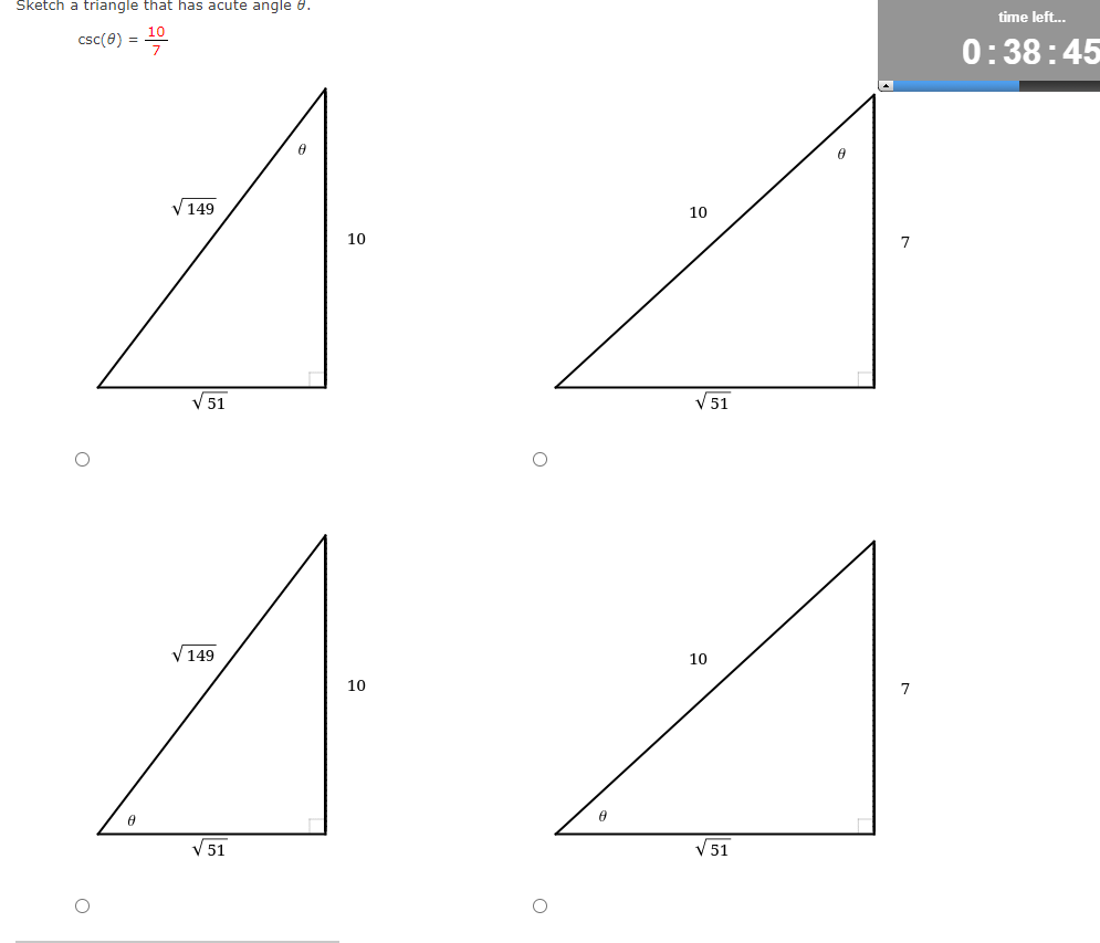 Solved Sketch a triangle that has acute angle θ. csc(θ)=710 | Chegg.com