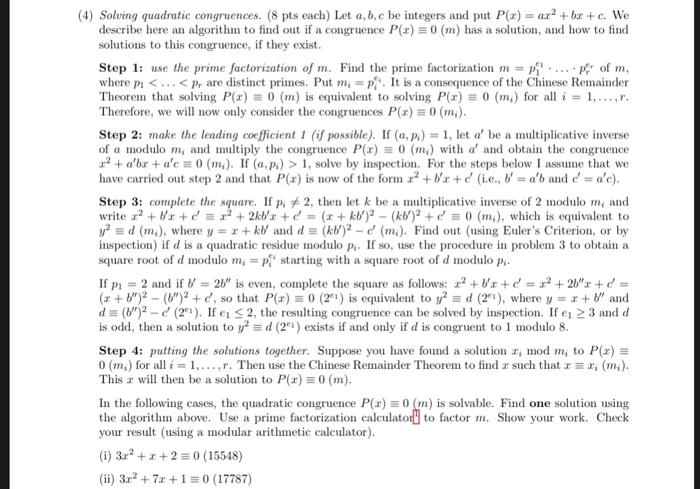 Solved 4 Solving Quadratic Congruences 8 Pts Each Let