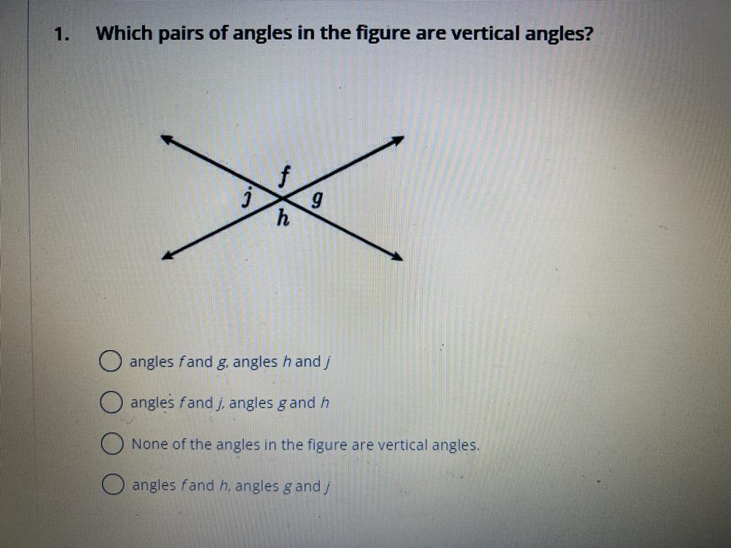 Solved 1. Which pairs of angles in the figure are vertical | Chegg.com