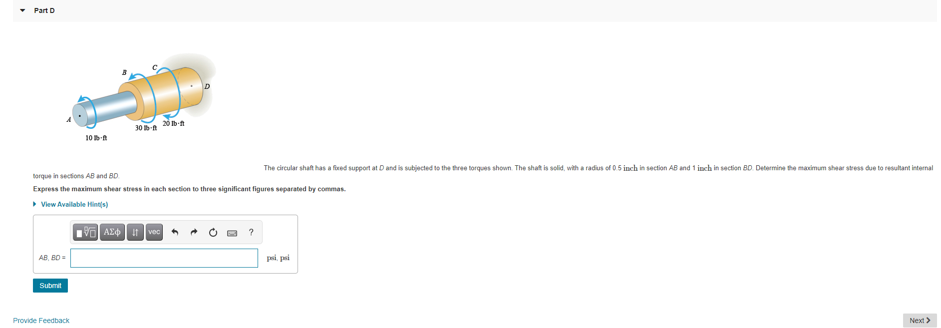 Solved Part D 20 lb-ft 30 lb-ft 10 lb-ft The circular shaft | Chegg.com