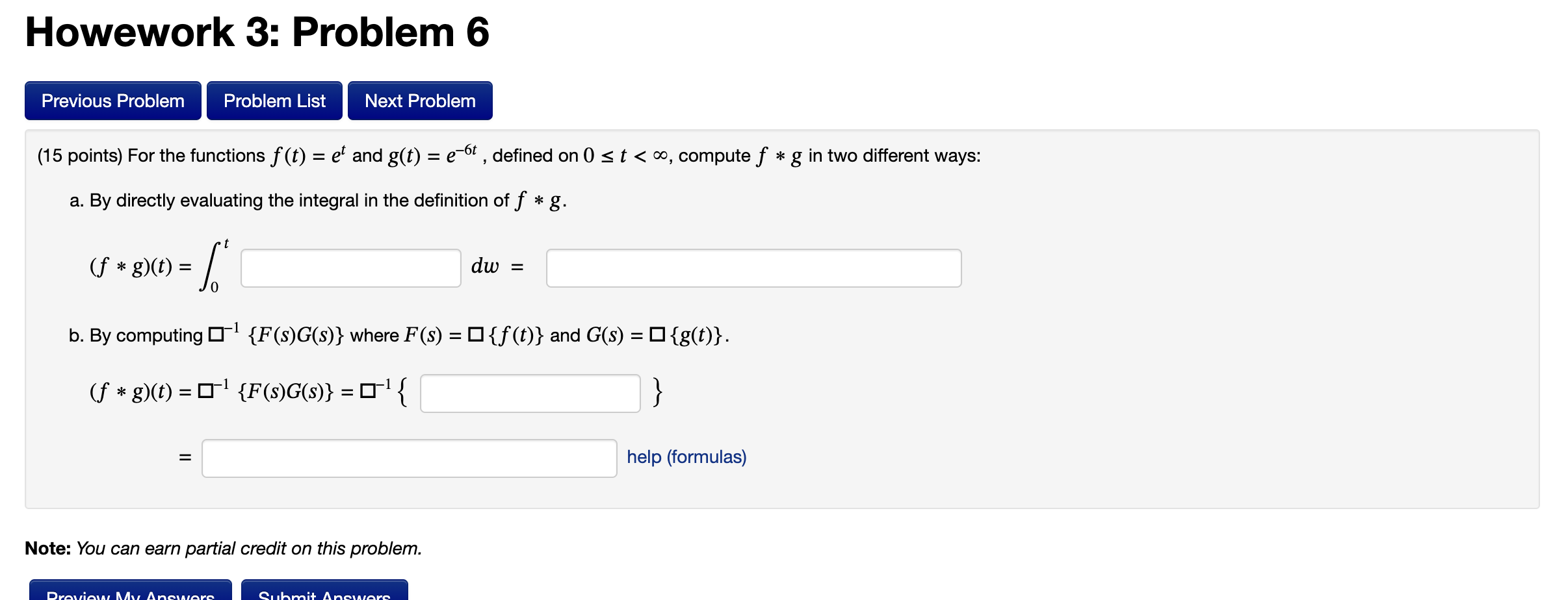 Solved (15 points) For the functions f(t)=et and g(t)=e−6t, | Chegg.com