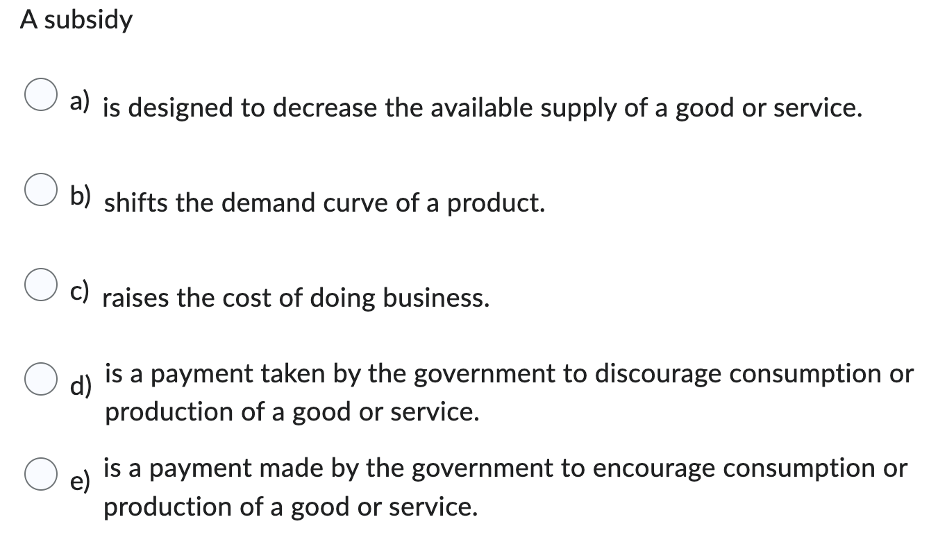Solved A subsidy a) is designed to decrease the available | Chegg.com