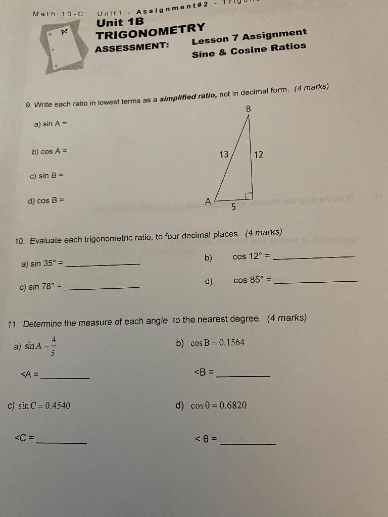 Solved Math 10-C Unit 1 Assignment# 2 Unit 1B TRIGONOMETRY | Chegg.com