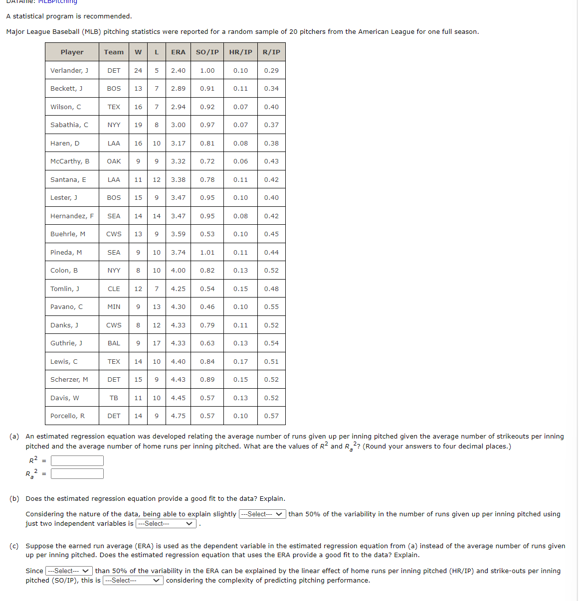 Solved A statistical program is recommended. Major League | Chegg.com