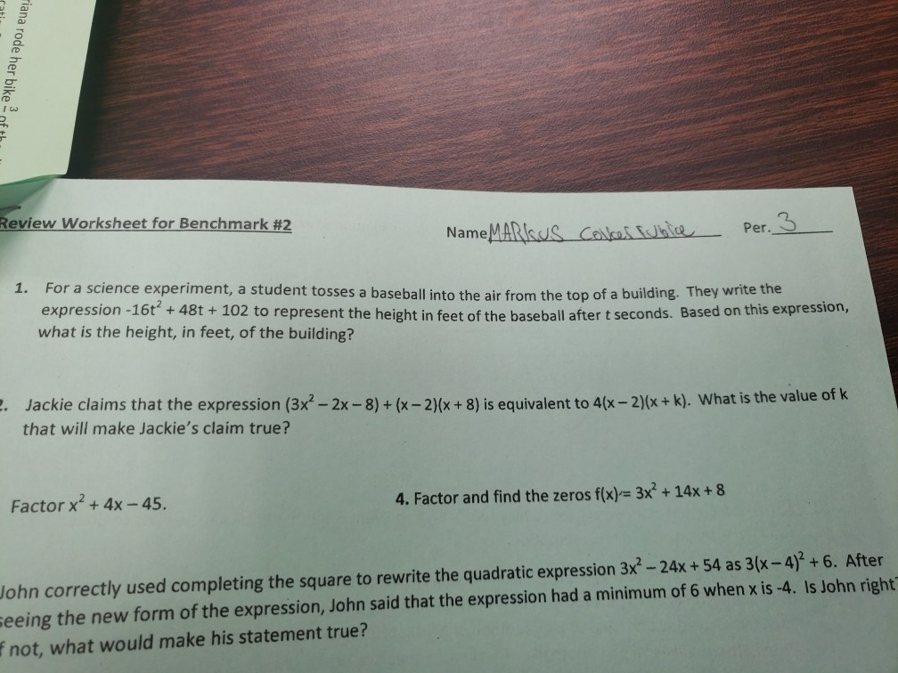 Solved Review Worksheet for Benchmark #2 Name MARkuS Cakas | Chegg.com