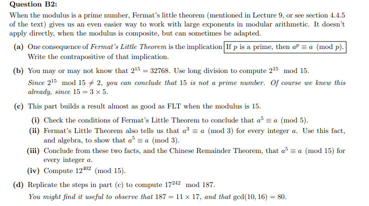 Solved Question B2: When the modulus is a prime number, | Chegg.com