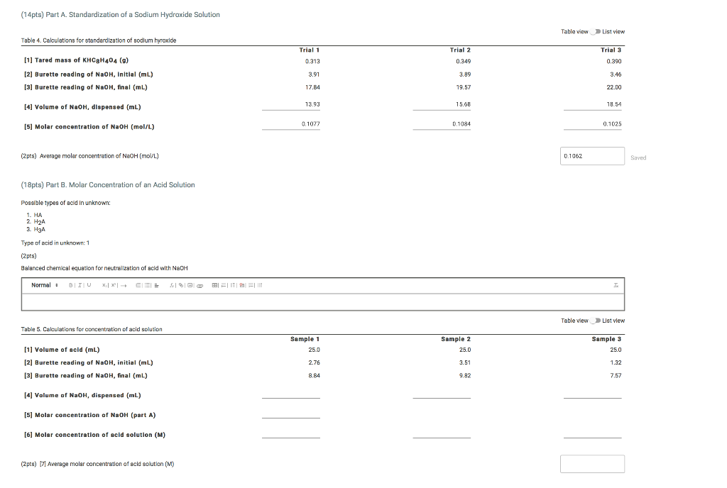 Solved (14pts) Part A. Standardization of a Sodium Hydroxide | Chegg.com