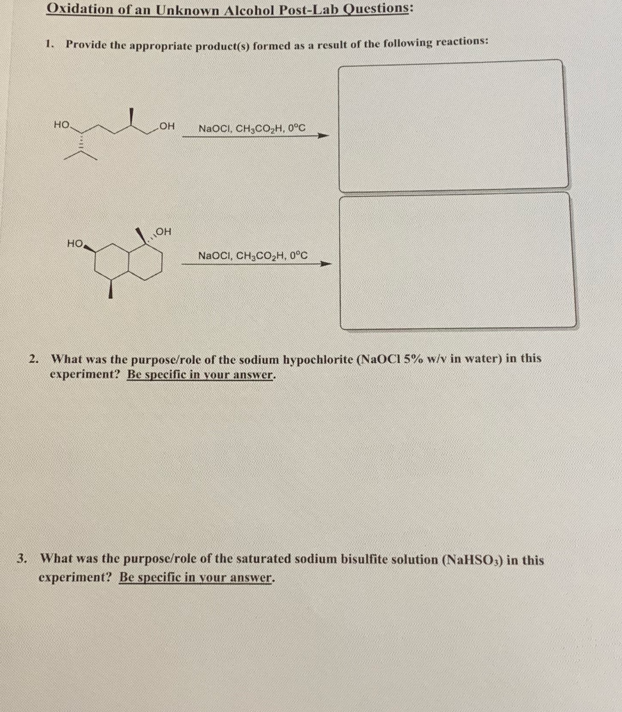 Solved Oxidation of an Unknown Alcohol Post-Lab Questions: | Chegg.com