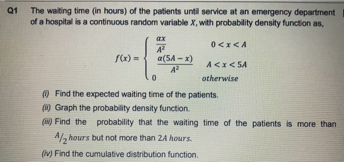 Solved The waiting time (in hours) of the patients until | Chegg.com