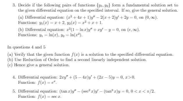 Solved 3. Decide if the following pairs of functions {y1, | Chegg.com