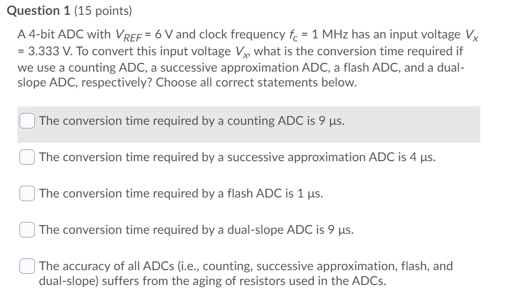 Solved Question 1 (15 points) A 4-bit ADC with VREF = 6 V | Chegg.com