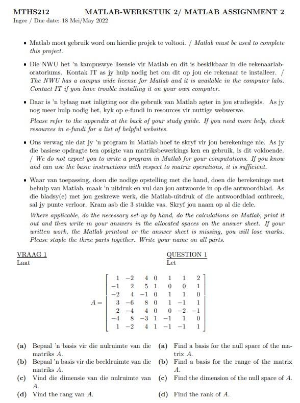 MTHS212 MATLAB-WERKSTUK 2/ MATLAB ASSIGNMENT 2 Ingee | Chegg.com