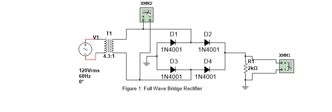 Solved XMM2 T1 D1 D2 V1 1N4001 1N4001 4.3:1 XMM1 D3 D4 RT | Chegg.com