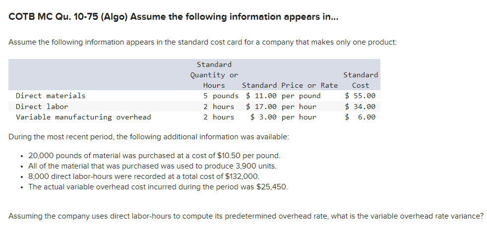 Solved COTB MC Qu. 10-75 (Algo) Assume the following | Chegg.com