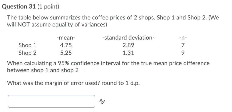 Solved Question 31 (1 point) The table below summarizes the | Chegg.com