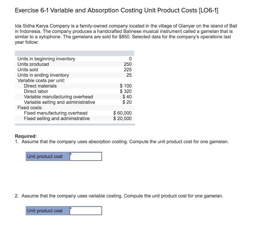 Solved Exercise 6-1 Variable and Absorption Costing Unit | Chegg.com