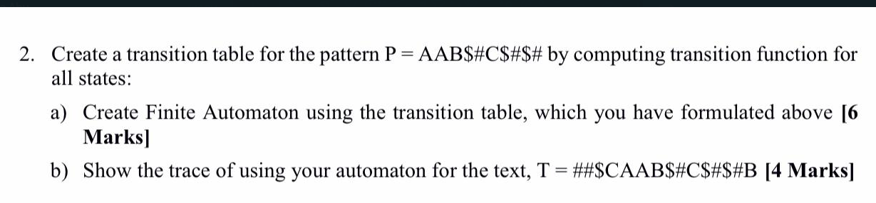 Solved 2. Create a transition table for the pattern P = | Chegg.com