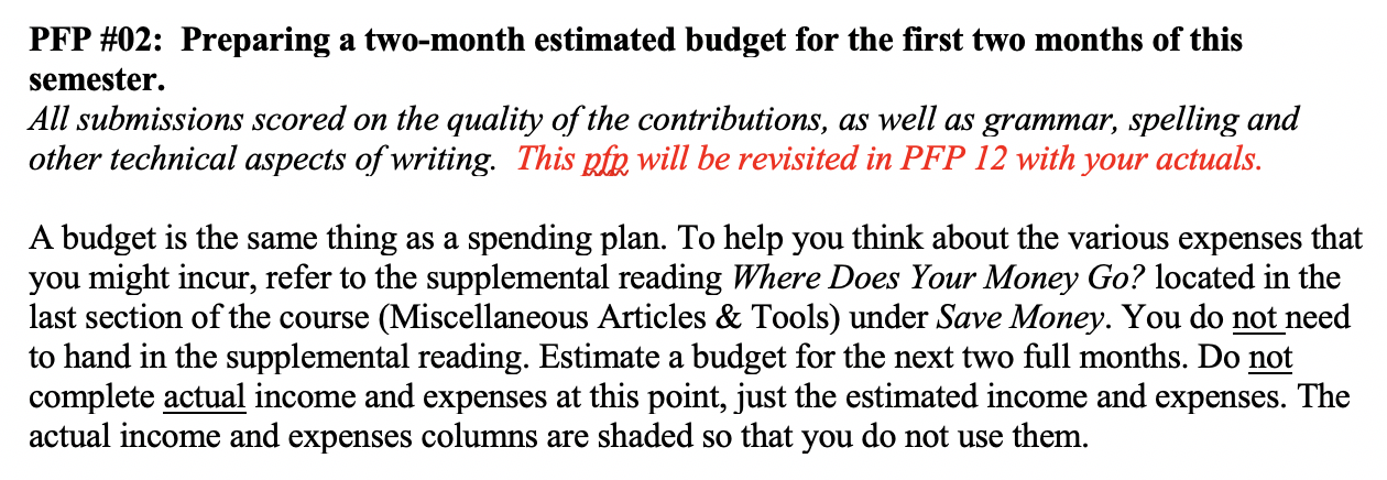 PFP #02: Preparing a two-month estimated budget for | Chegg.com