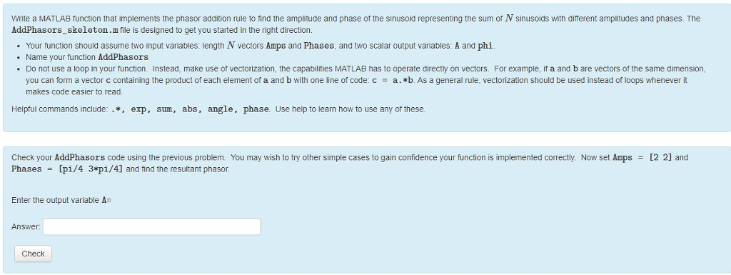 Solved Write a MATLAB Tunction that implements the phasor | Chegg.com