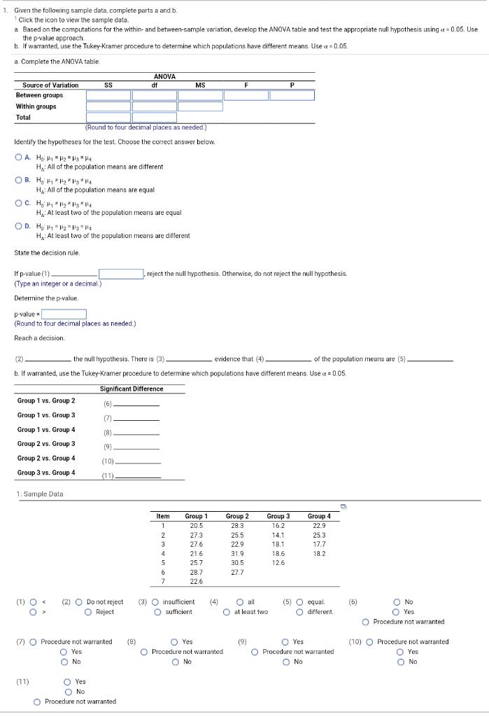 Solved 1. Given the following sample data, complete parts a | Chegg.com