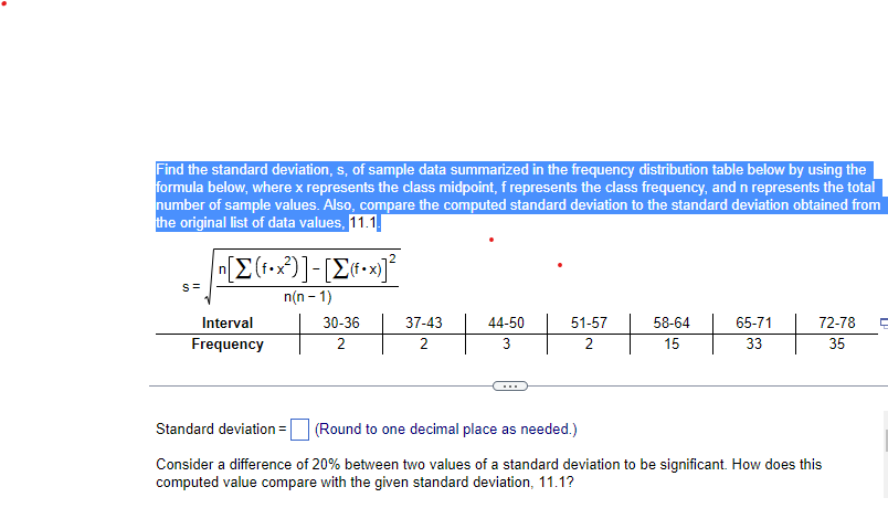 Solved Find the standard deviation, s, of sample data | Chegg.com