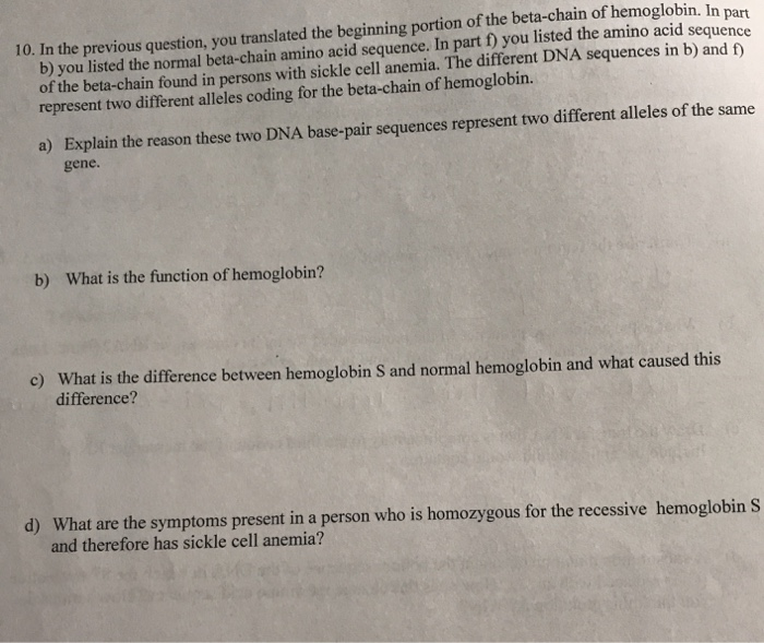 Solved In part b) you listed the normal beta-chain amino | Chegg.com