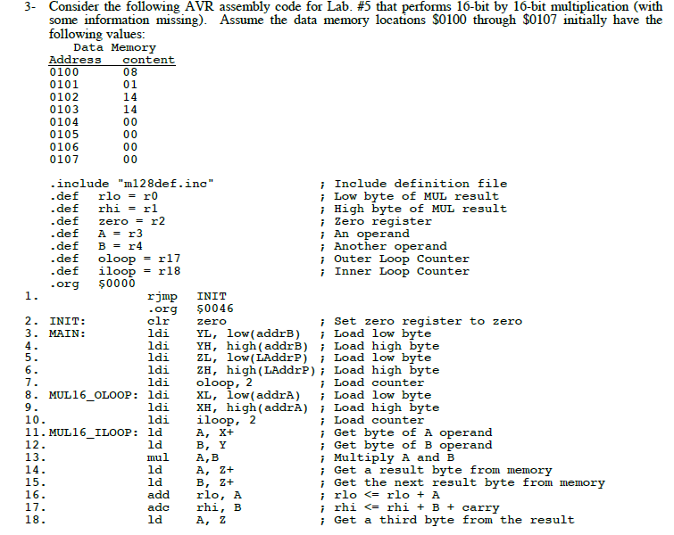 Consider the following AVR assembly code for Lab. #5 | Chegg.com