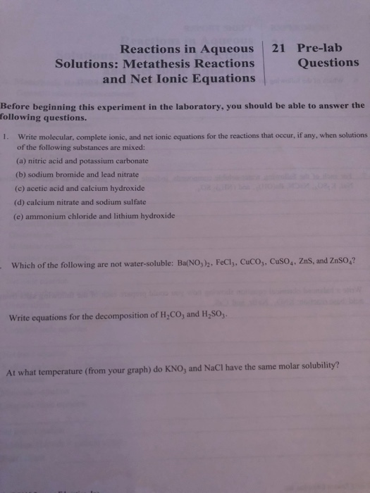 Solved Reactions in Aqueous 21 Pre-lab Questions Solutions: | Chegg.com