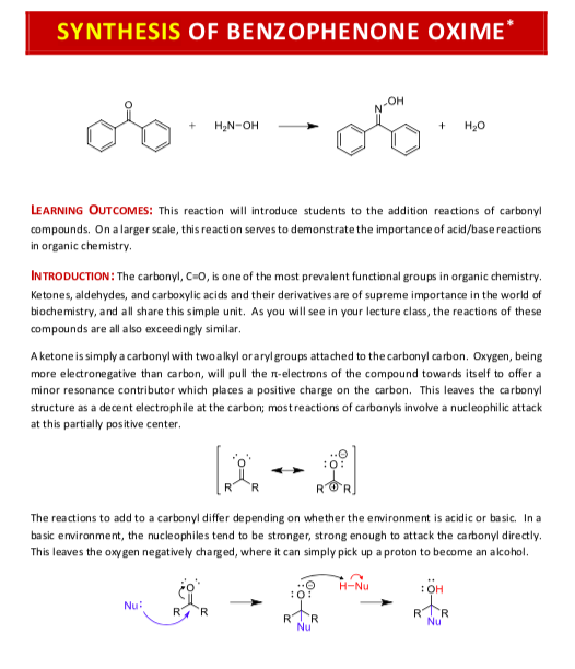 Solved SYNTHESIS OF BENZOPHENONE OXIME* H2N-OH + H20 | Chegg.com