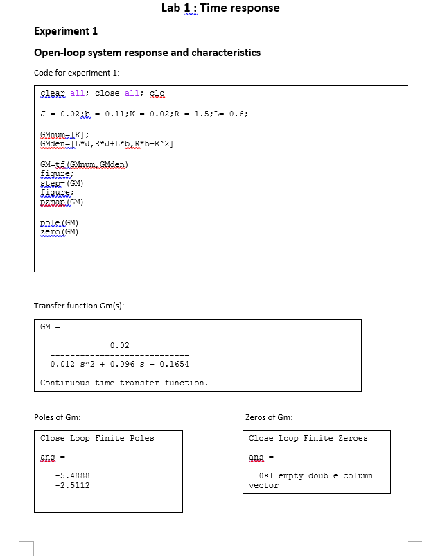 Solved Lab 1: Time response Experiment 1 Open-loop system | Chegg.com