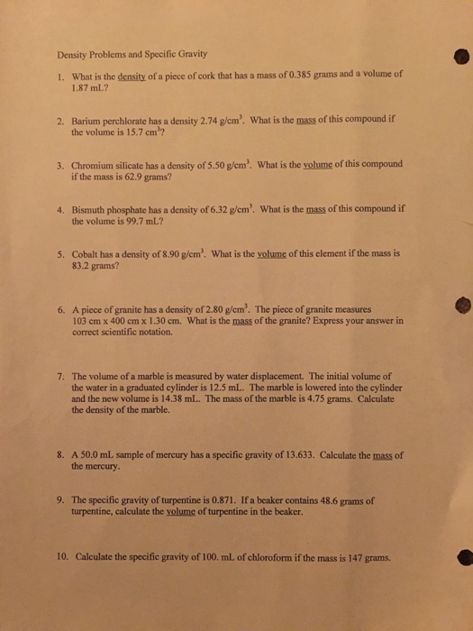 Solved Density Problems and Specific Gravity What is the | Chegg.com