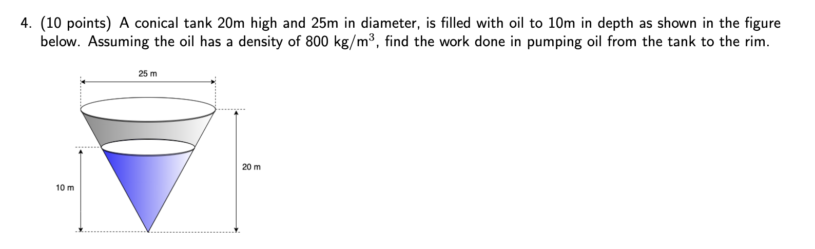Solved 4. (10 points) A conical tank 20 m high and 25 m in | Chegg.com