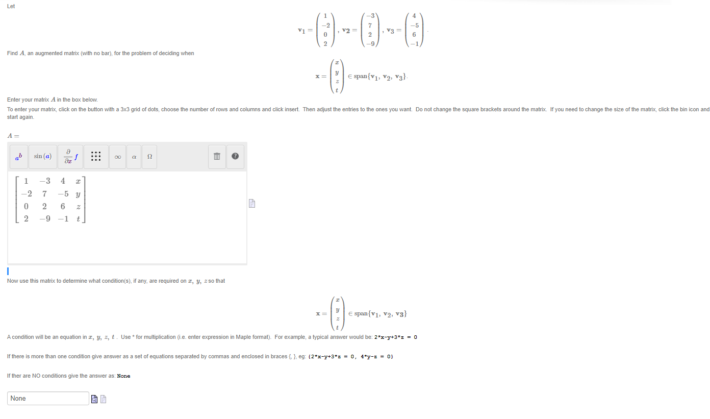 Solved Let -3 V1 = v2 = , V3 = Find A, an augmented matrix | Chegg.com