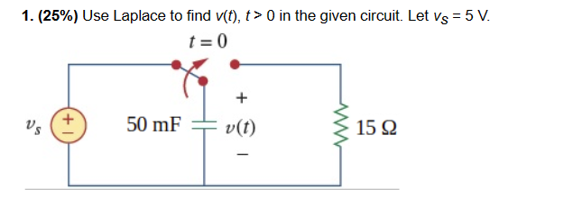 Solved 1. (25%) Use Laplace to find v(t),t>0 in the given | Chegg.com