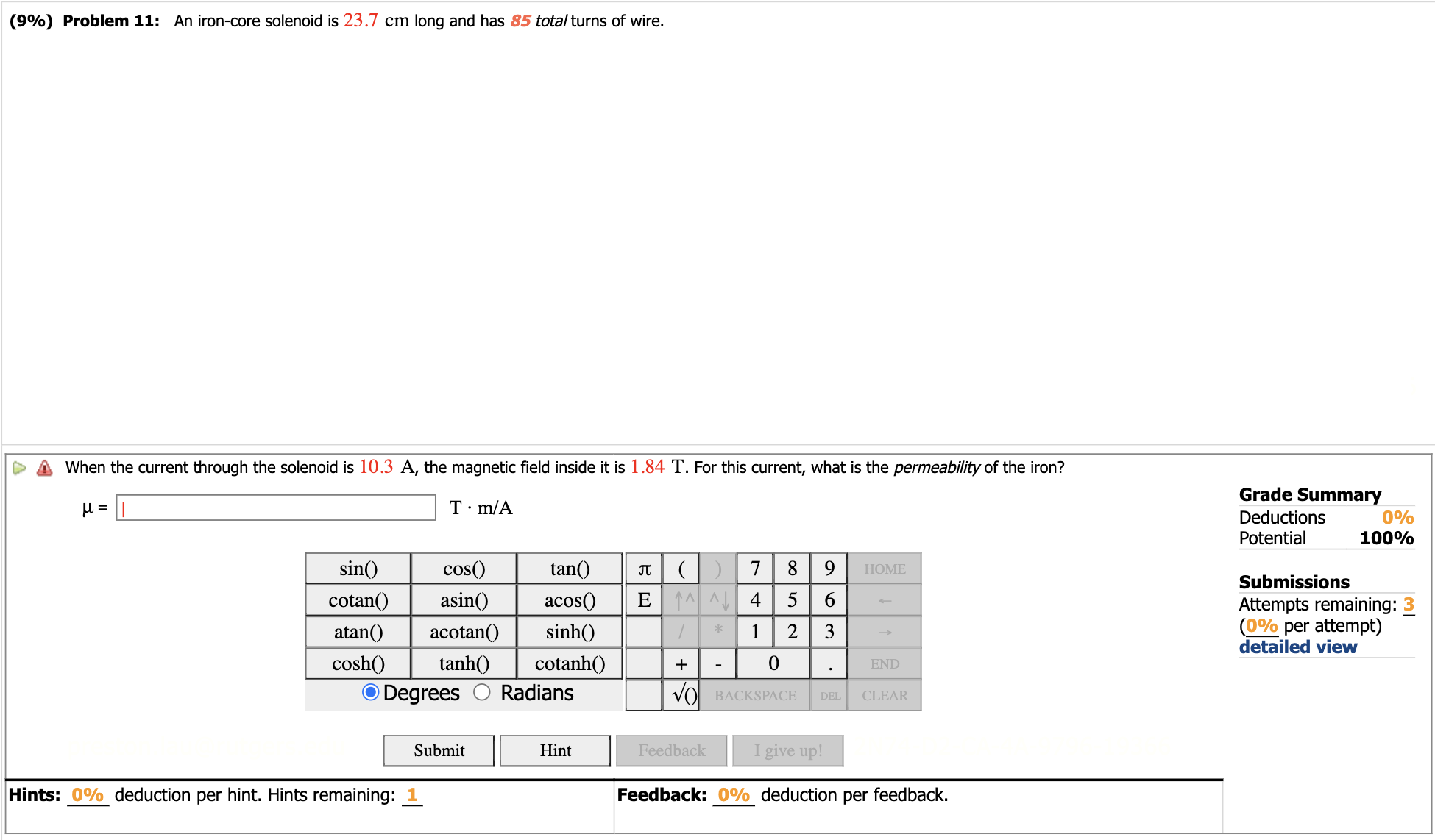 Solved (9\%) Problem 11: An iron-core solenoid is 23.7 cm | Chegg.com
