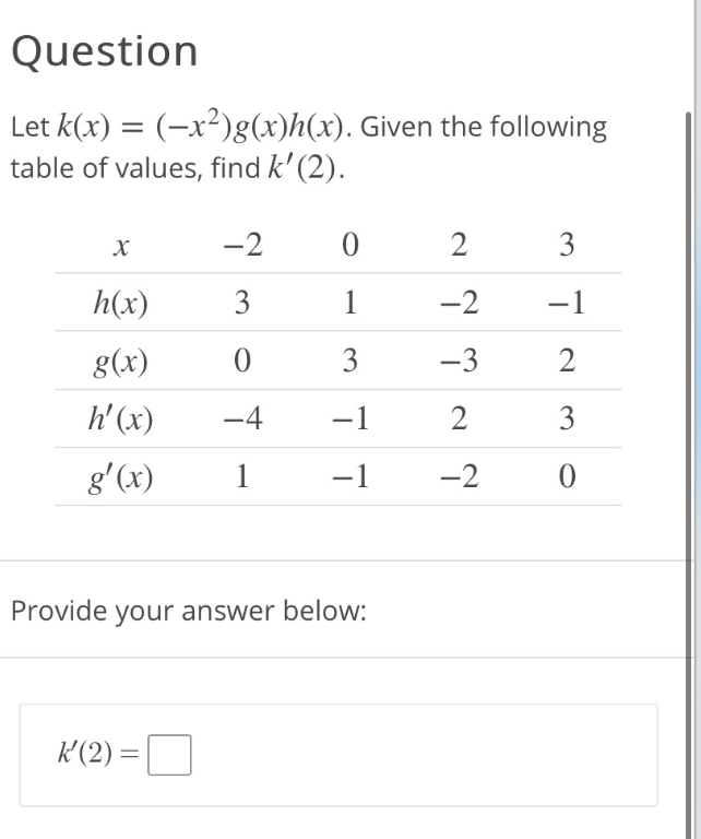 Solved Question Let k(x) = (-x2)g(x)h(x). Given the | Chegg.com
