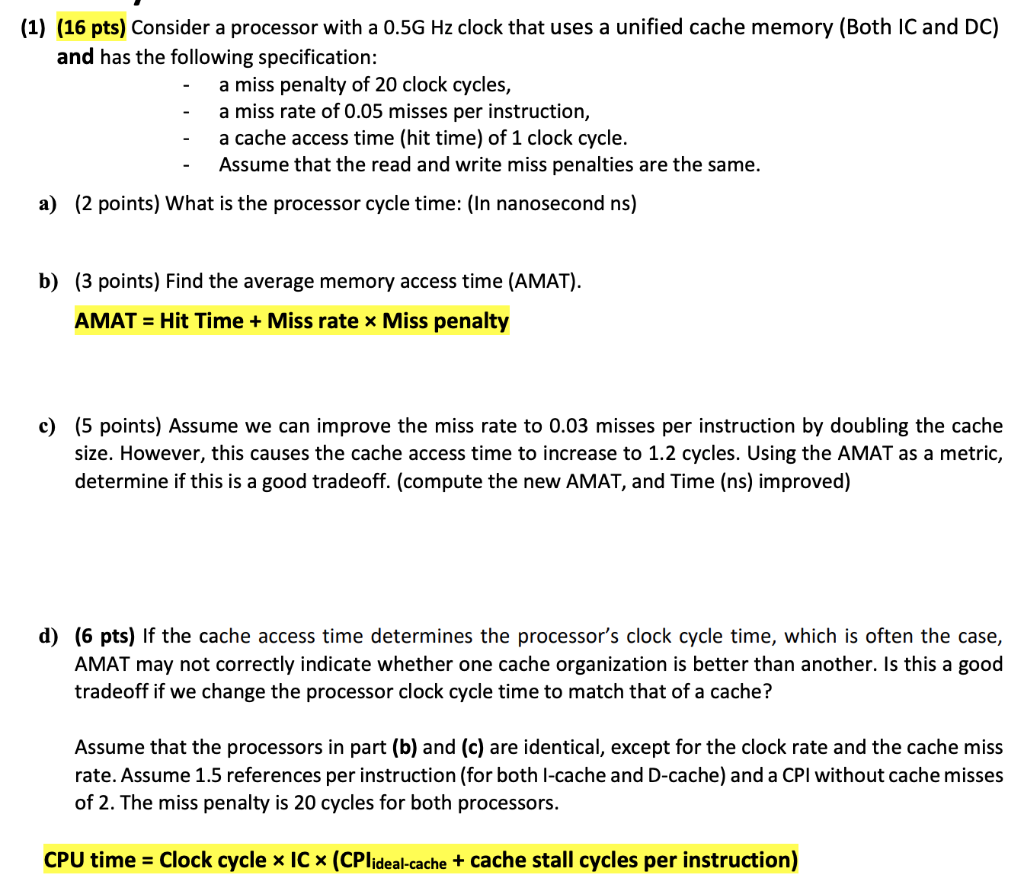 Solved (1) (16 pts) Consider a processor with a 0.5GHz clock | Chegg.com