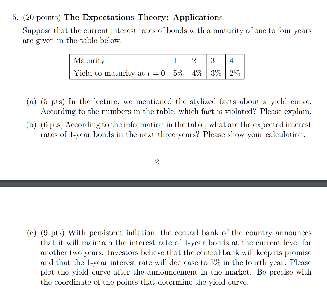 5. (20 points) The Expectations Theory: Applications | Chegg.com