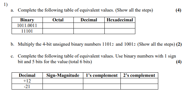 Solved 1) a. Complete the following table of equivalent | Chegg.com