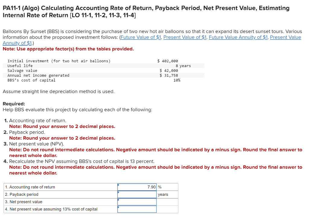 Solved PA11-1 (Algo) Calculating Accounting Rate of Return, | Chegg.com